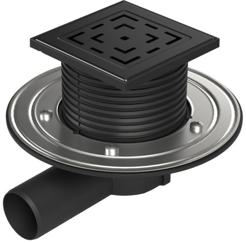 Floor drain with side outlet black D50, stainless steel flange, grid ...