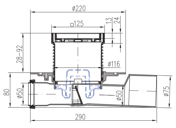 Multi-inlet floor drain, side outlet D50/75, stainless steel frame ...