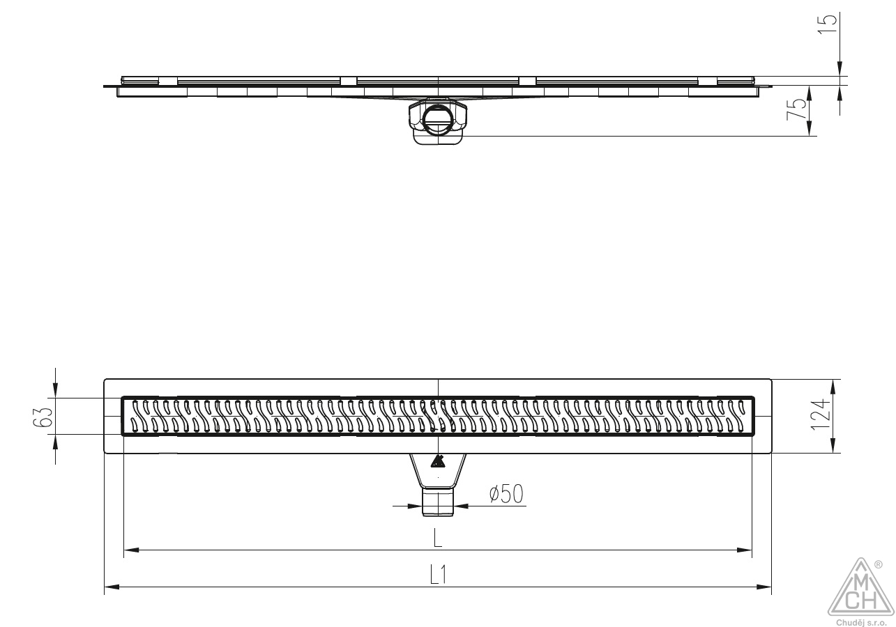 Linear floor drain 950mm with side outlet D50 and swivel siphon 360 ...