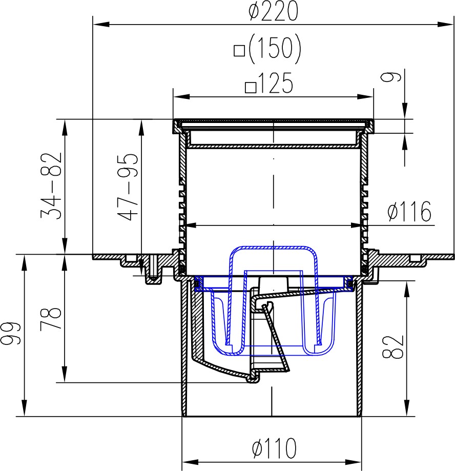 Floor drain with bottom outlet black D110, stainless steel flange, grid ...