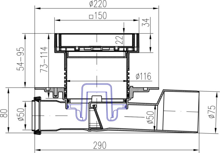 Multi-inlet floor drain, side outlet D50/75, stainless steel flange ...